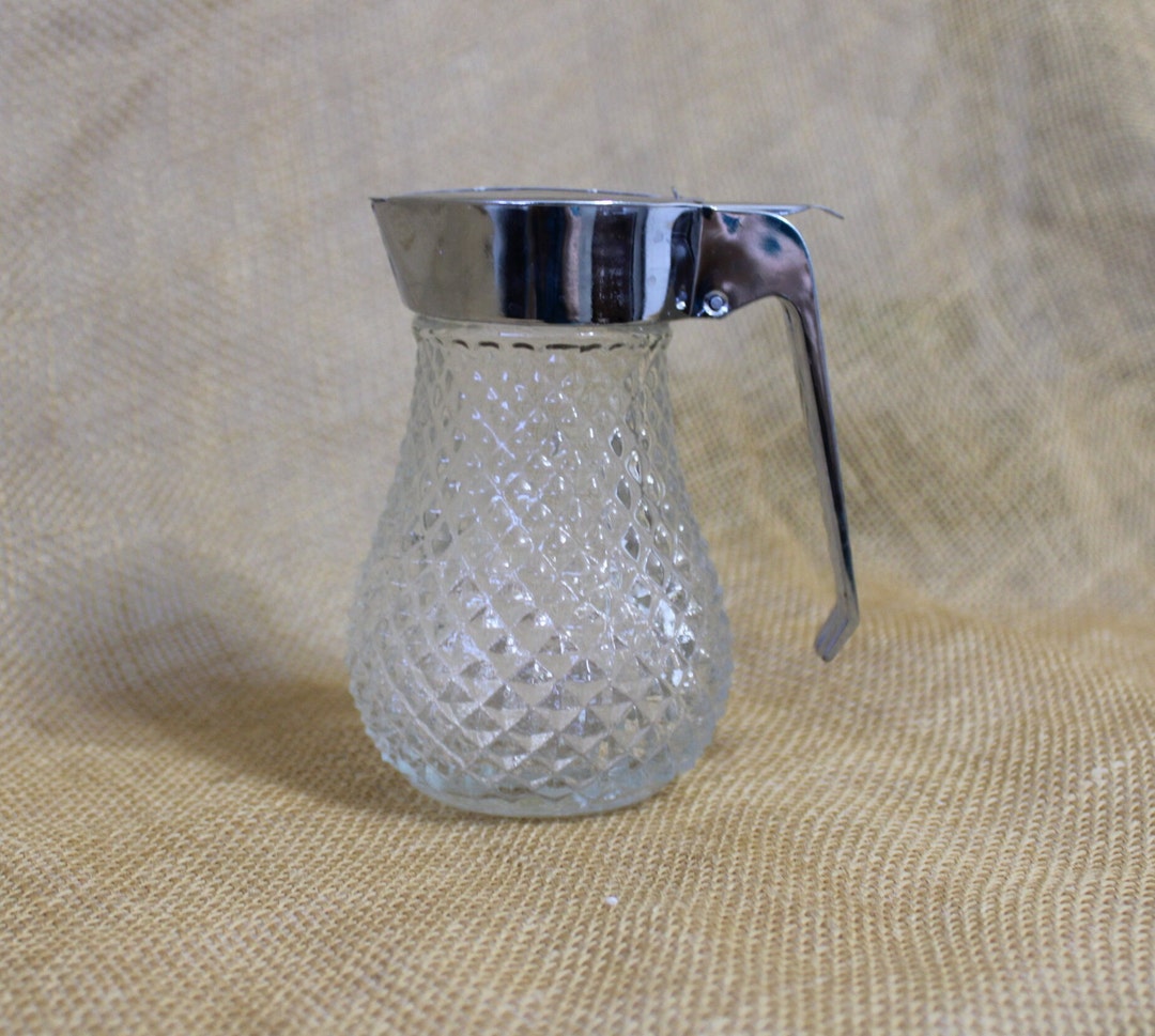 Syrup Pitcher / Dispenser - Diamond Pattern Glass With Silver Tone ...