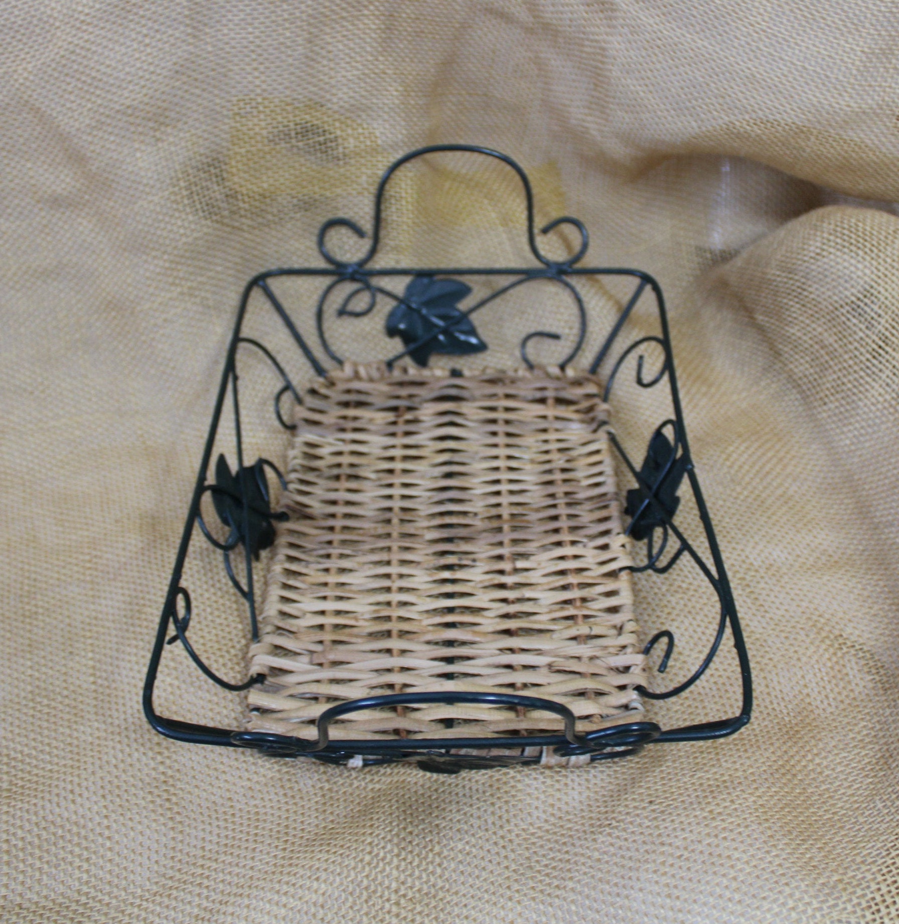 Green Wire and Wicker Basket Rectangle Handled Shallow Wire | Etsy