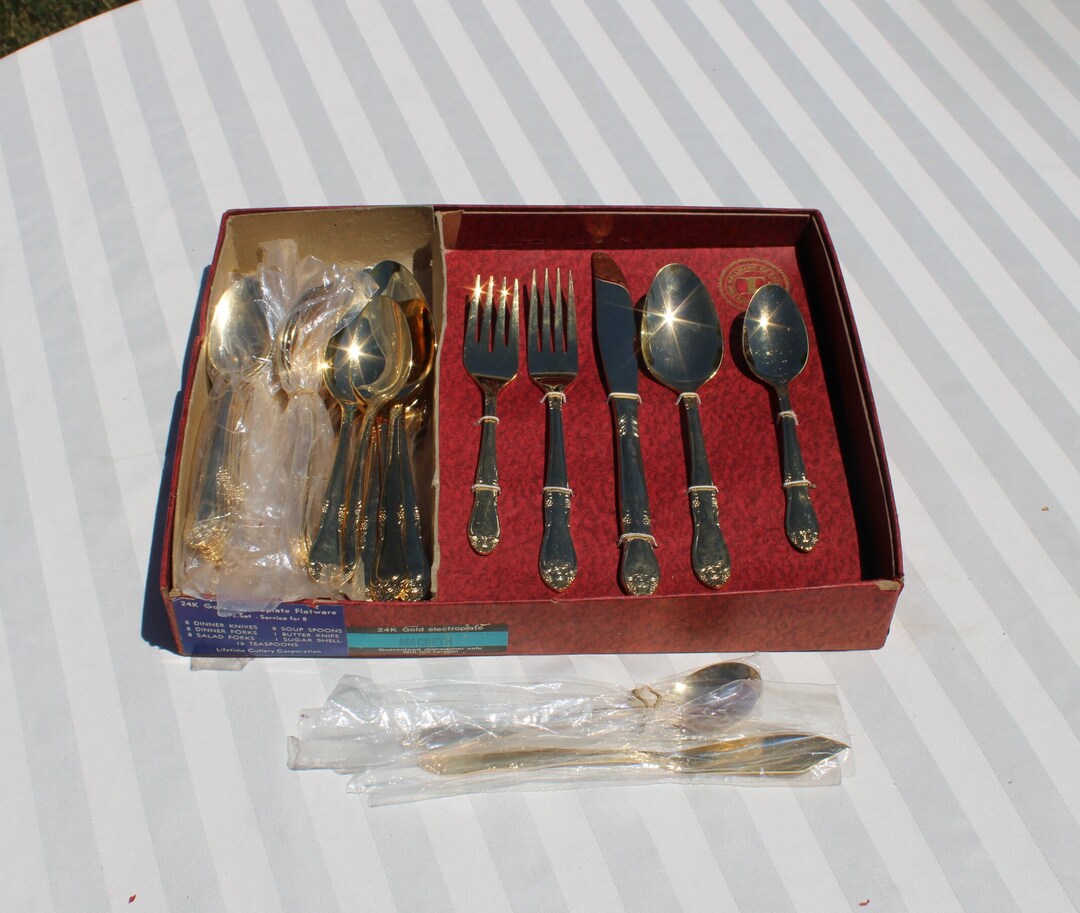 Fifty Piece 24K Gold Electroplate Flatware Set by Lifetime Cutlery Corp ...