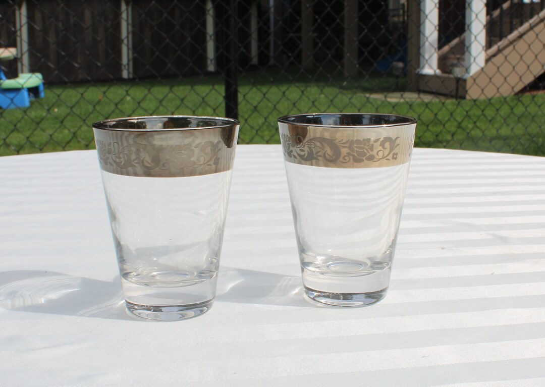 Pair of Mid Century Silver Rimmed Glasses - 2 Wide Silver Rim Barware ...
