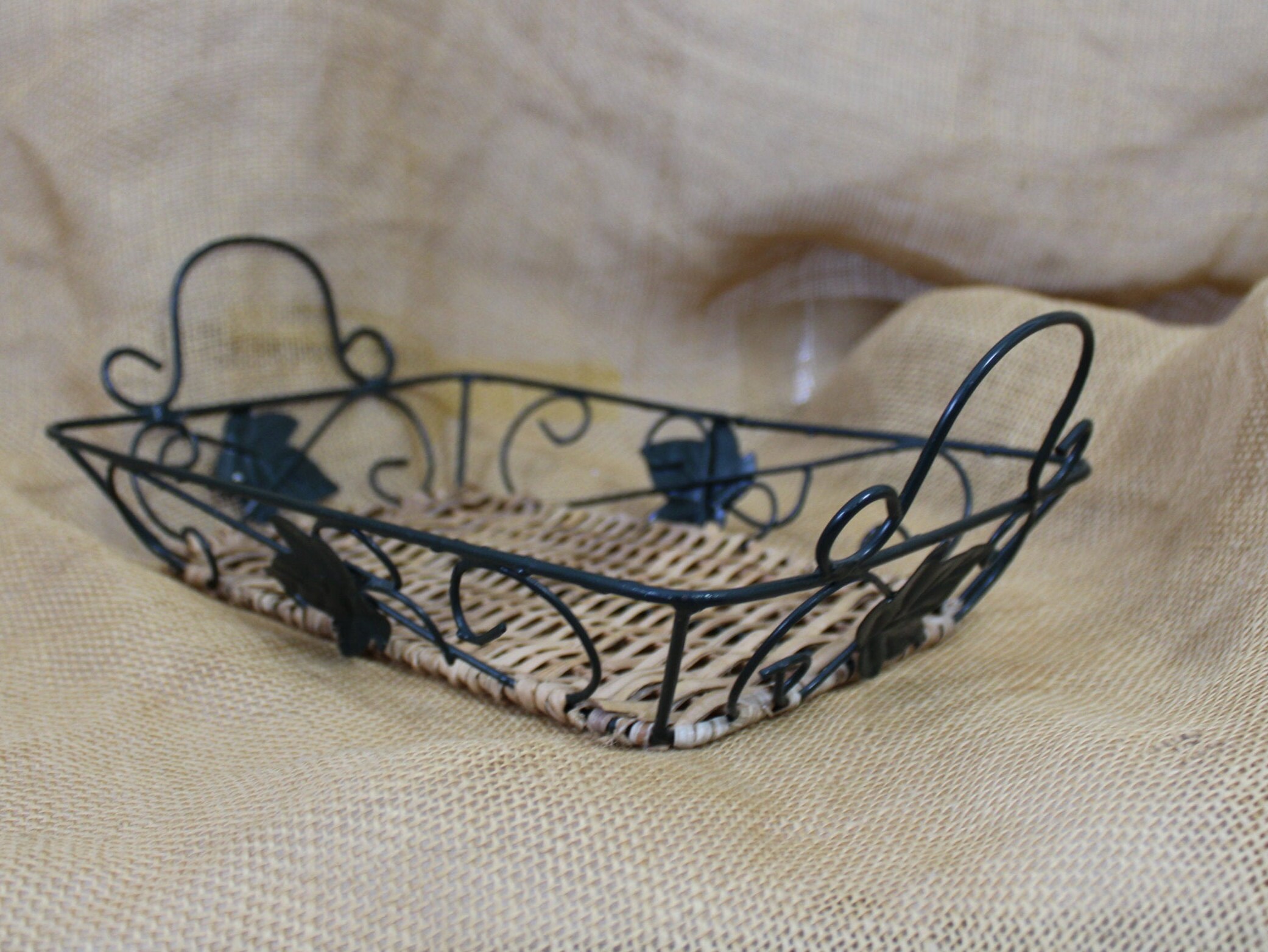 Green Wire and Wicker Basket Rectangle Handled Shallow Wire | Etsy