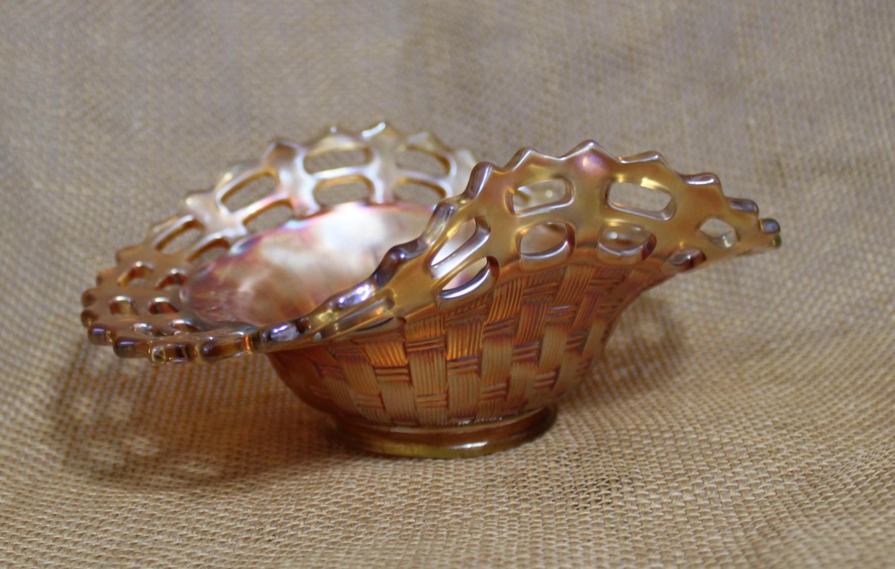 Carnival Glass Basket Weave Bowl