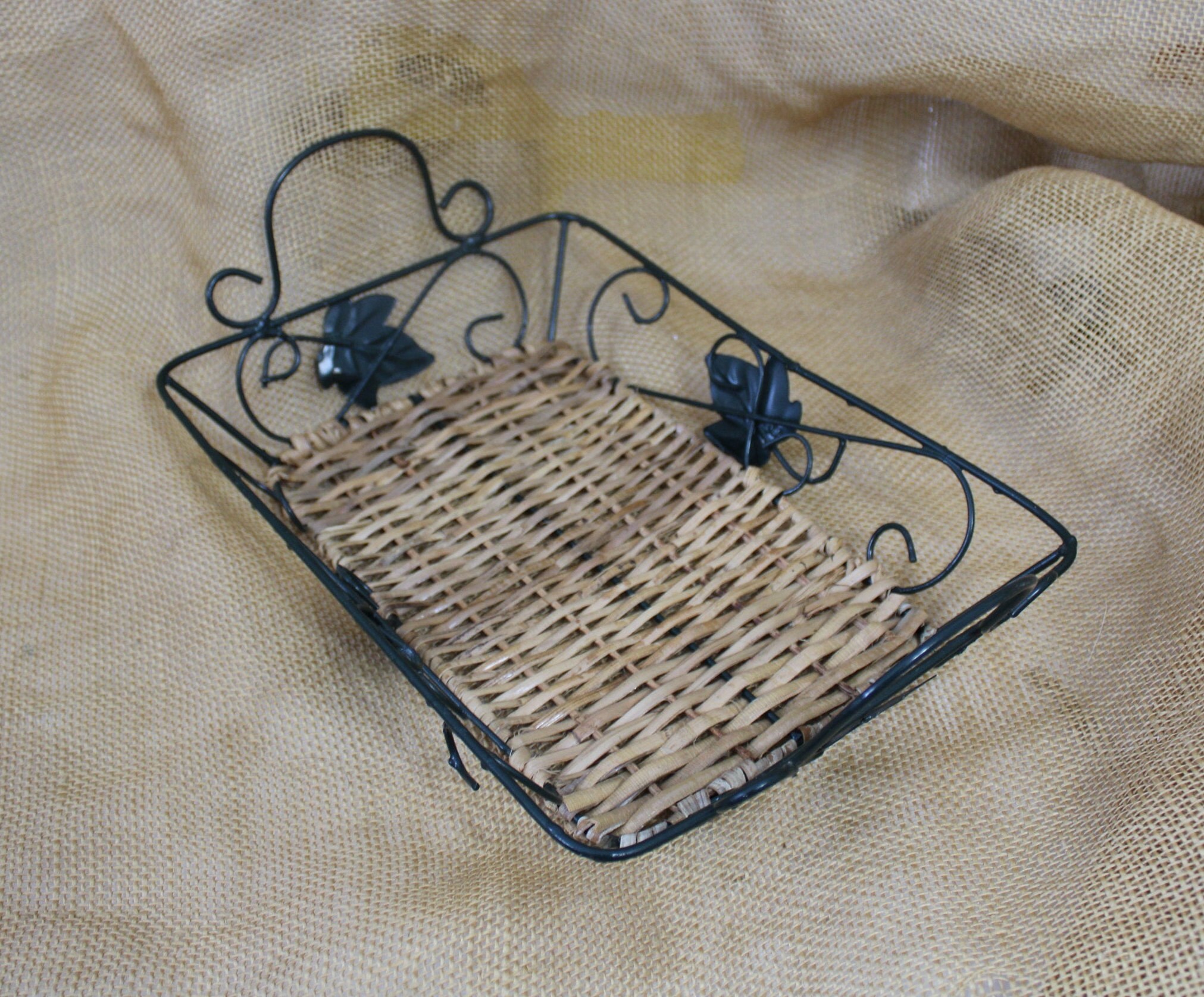 Green Wire and Wicker Basket Rectangle Handled Shallow Wire | Etsy