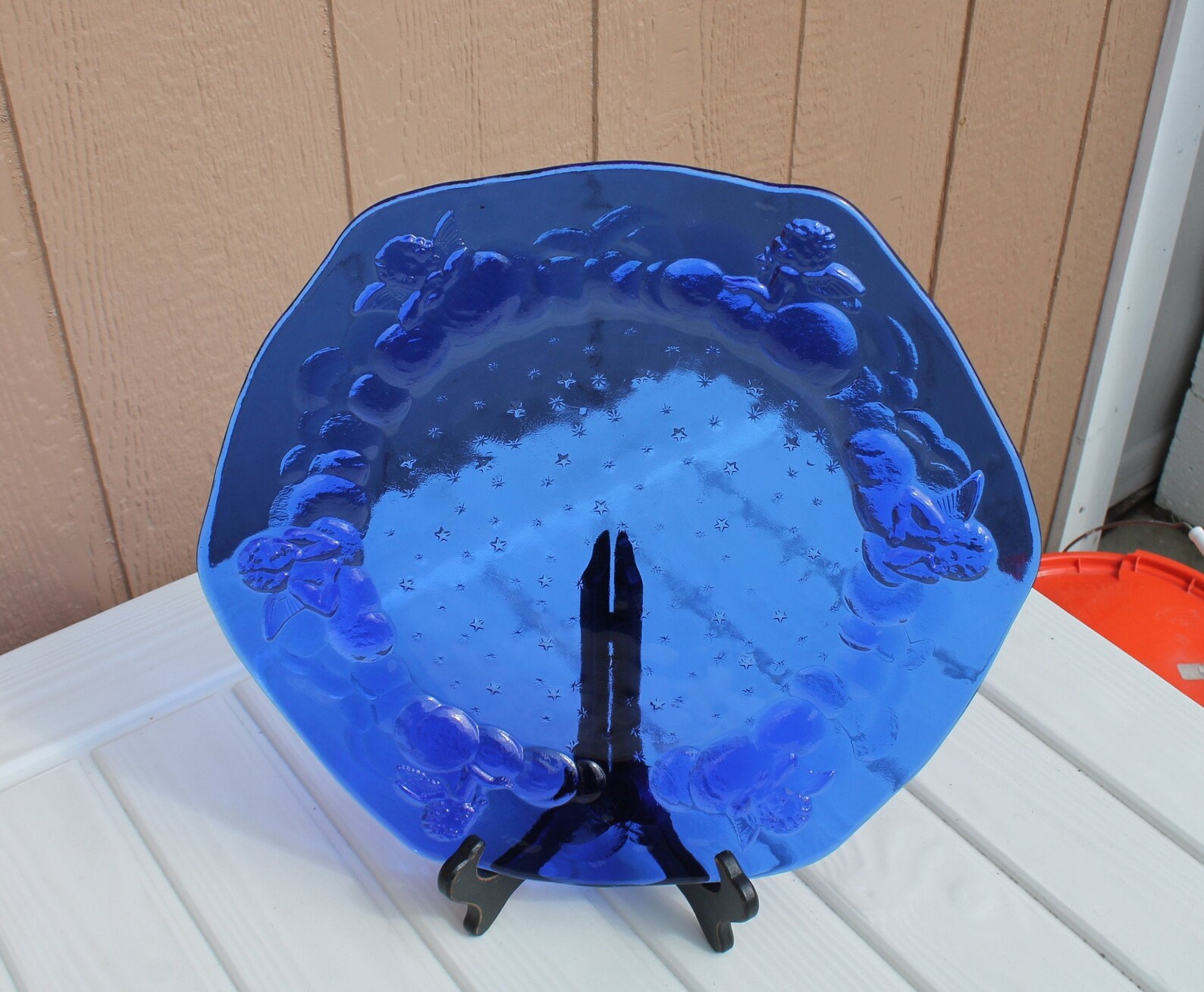 Cobalt Blue Glass Serving Platter / Tray With Embossed Angels and Stars ...