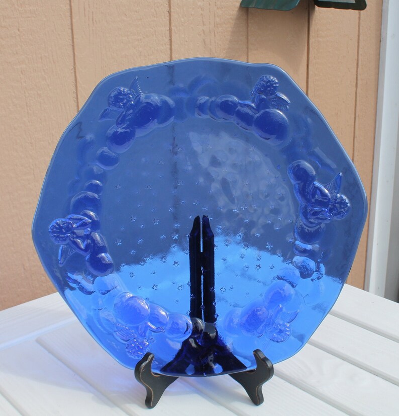Cobalt Blue Glass Serving Platter / Tray With Embossed Angels and Stars ...