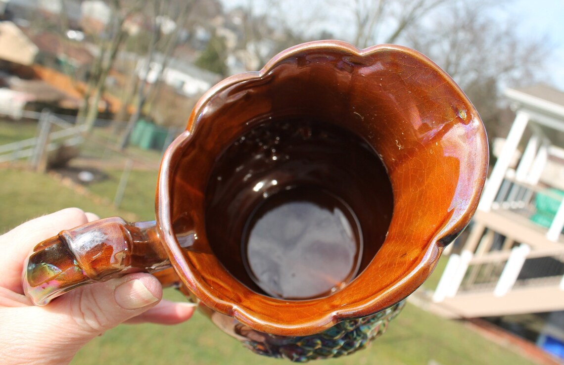 Pottery Pitcher / Ewer With Grapes - Iridescent Brown Pitcher - Etsy