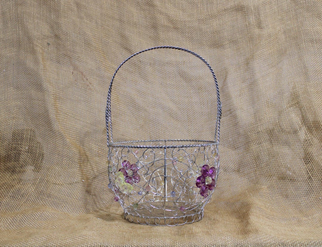 Silver Metal Woven Wire Basket With Beaded Flowers and Butterflies and ...