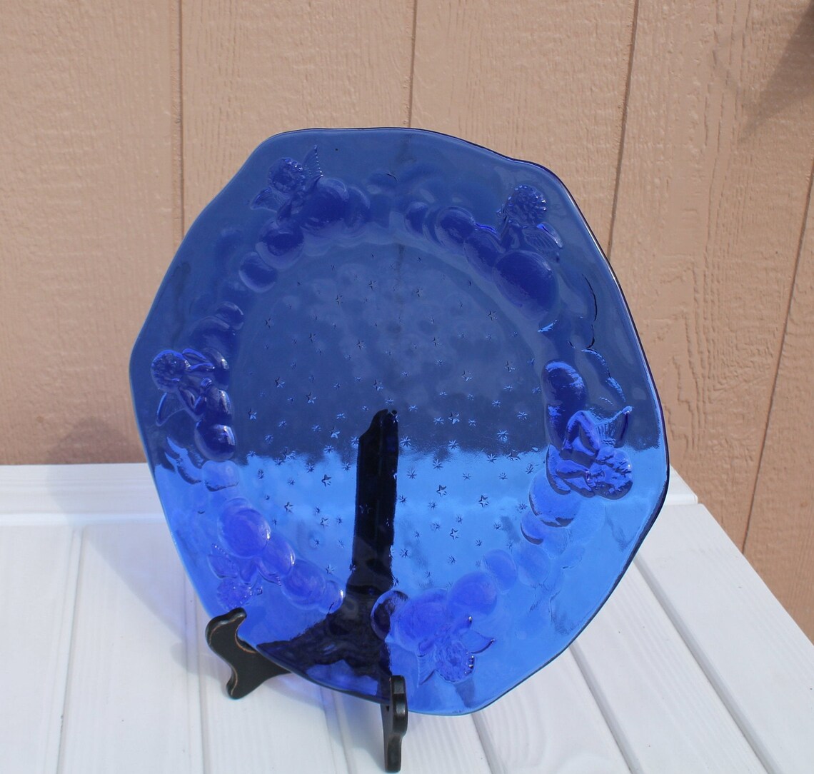 Cobalt Blue Glass Serving Platter / Tray With Embossed Angels and Stars ...