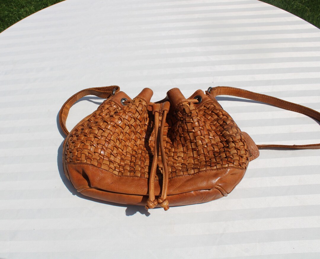 Brown Leather Draw String Shoulder Bag / Cross Body Purse 100% Genuine ...