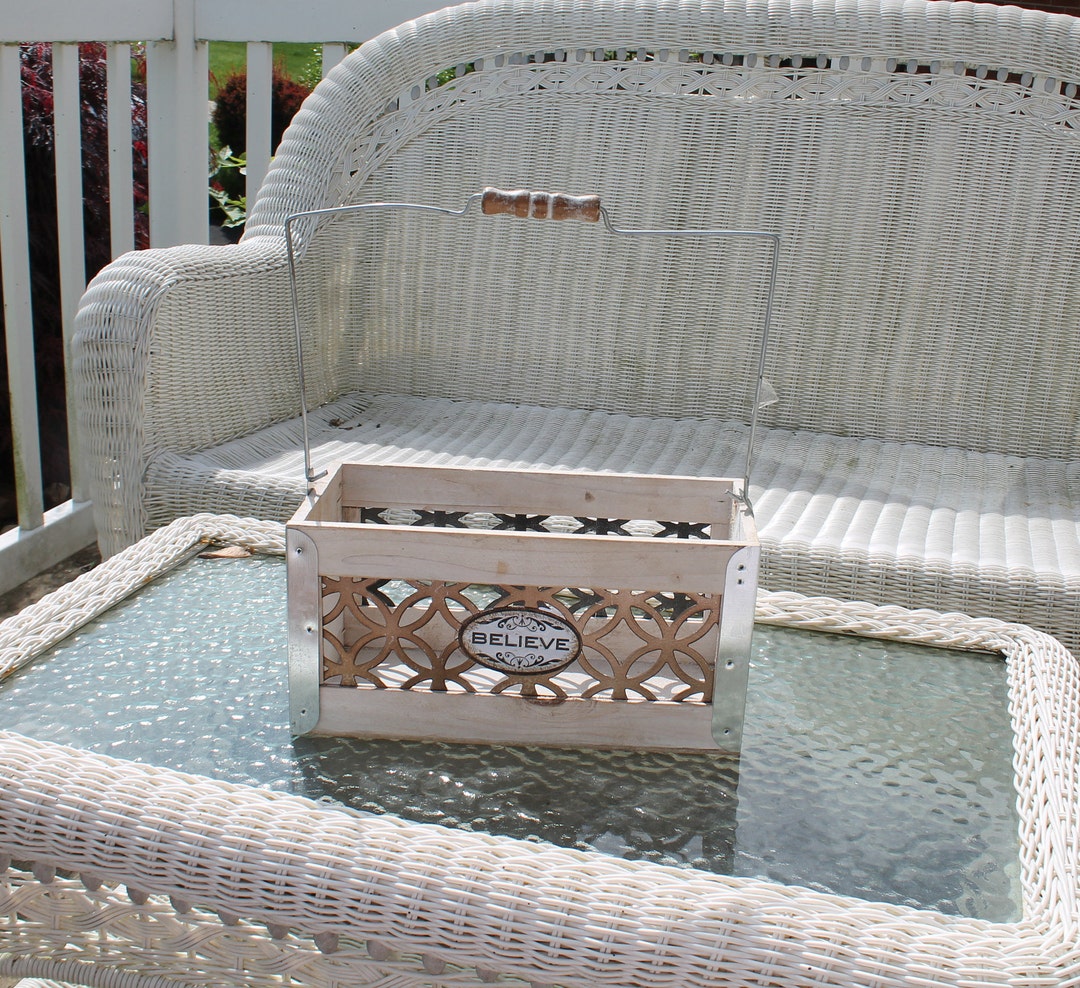 Wooden and Metal Caddy With Handle - Believe - Shabby Chic - Rustic ...