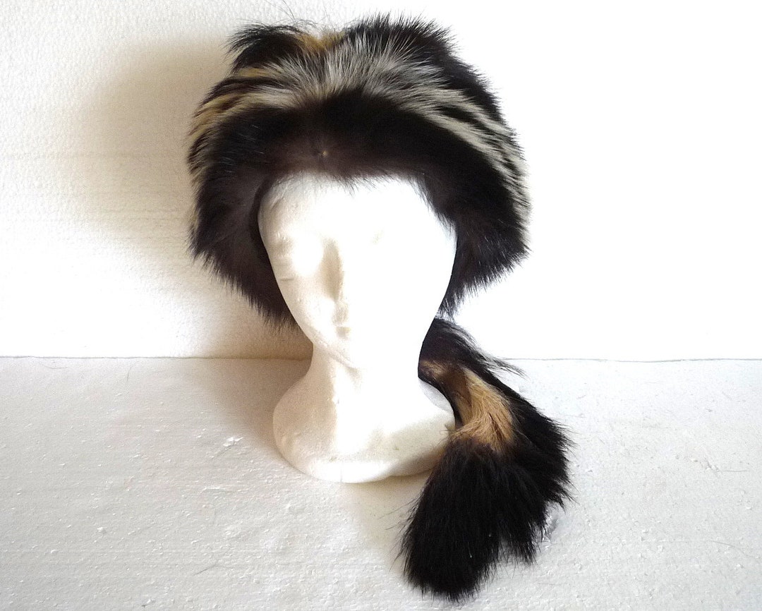 Vtg Genuine Skunk Fur Hat With Tail Davy Crockett Style Black With ...