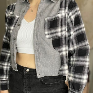 Upcycled Flannel Cropped Flannel Gray / Black Plaid Color Block Shirt ...