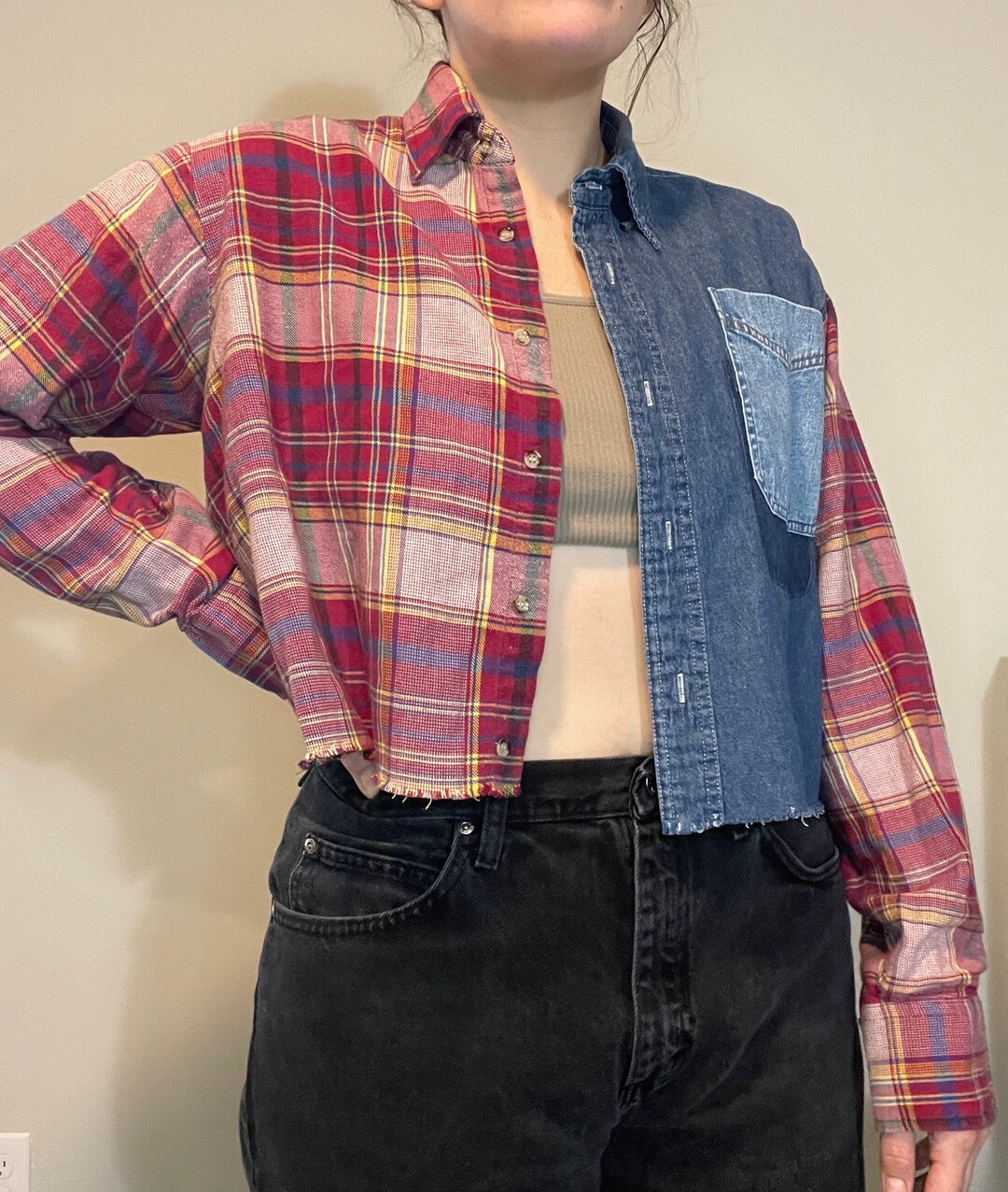 Upcycled Split Flannel Red Plaid and Blue Denim Cropped Flannel Size ...