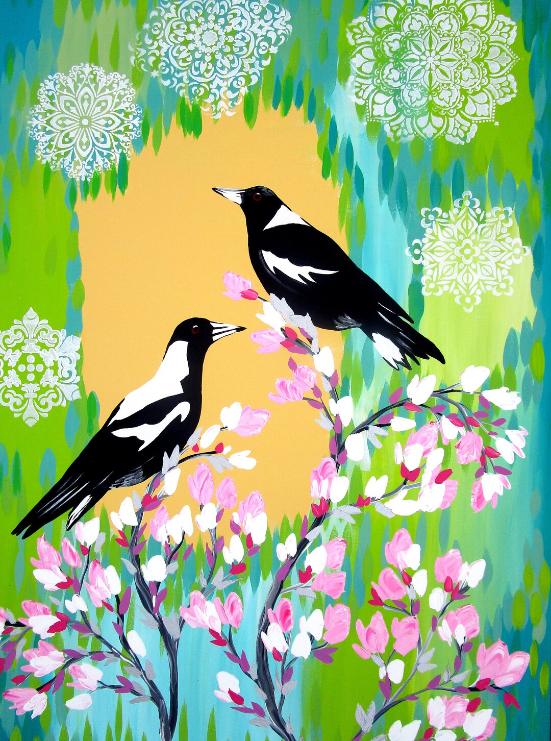 Green Painting, With A, Magpie, Magpie Gift, Japanese Tree, Japanese ...