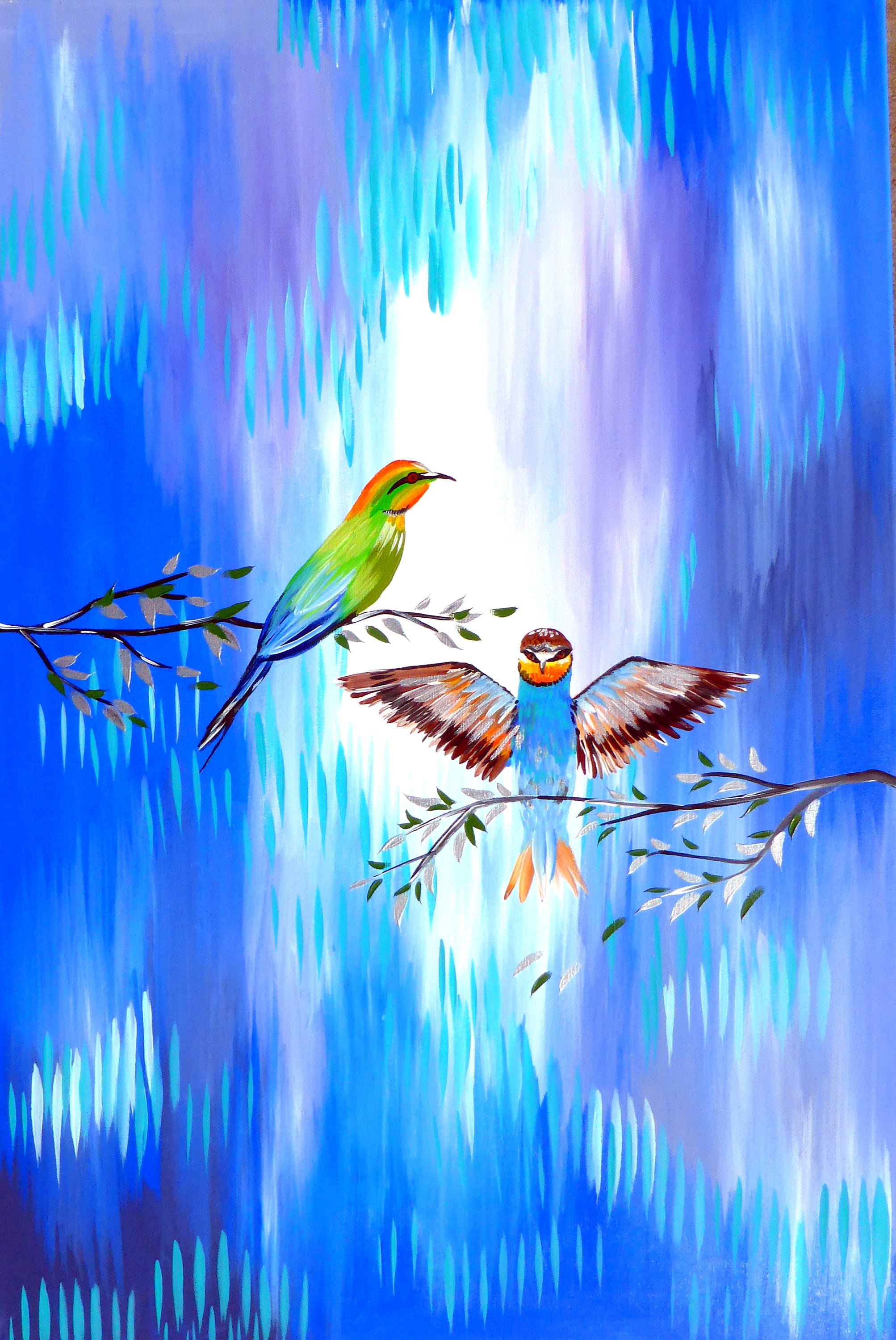 Blue Paintings Blue Art on Canvas With 2 Birds Canvas Art - Etsy