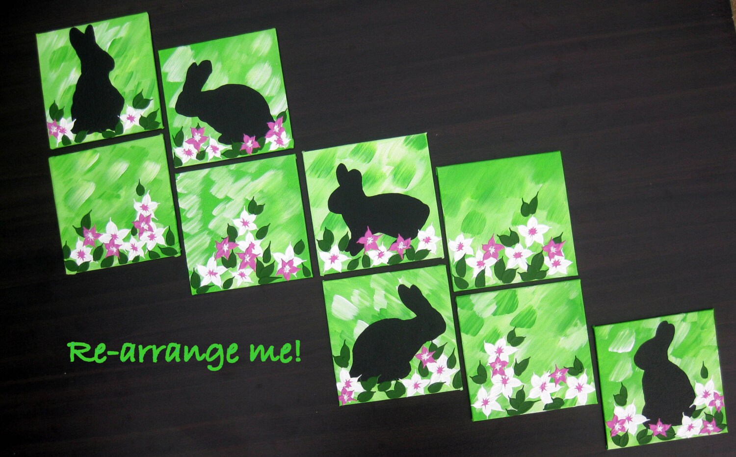 Rabbit Art, Green Paintings With Rabbits, Rabbits on Small Canvases ...