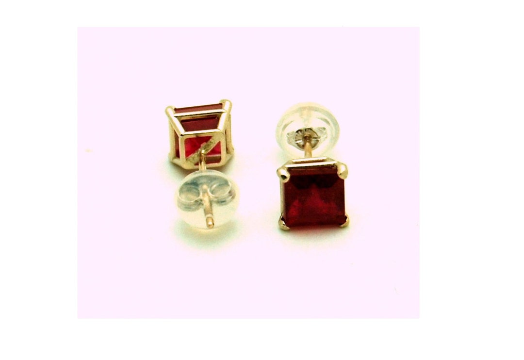 Real Ruby Studs/genuine Dark Red Ruby Princess Cut Ruby 14KT White Gold ...