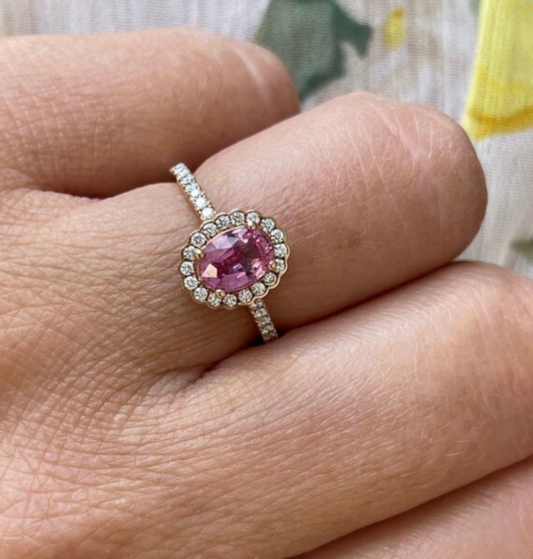 Pink Sapphire Ring Engagement Ring Floral Sapphire Ring/1ct Oval ...