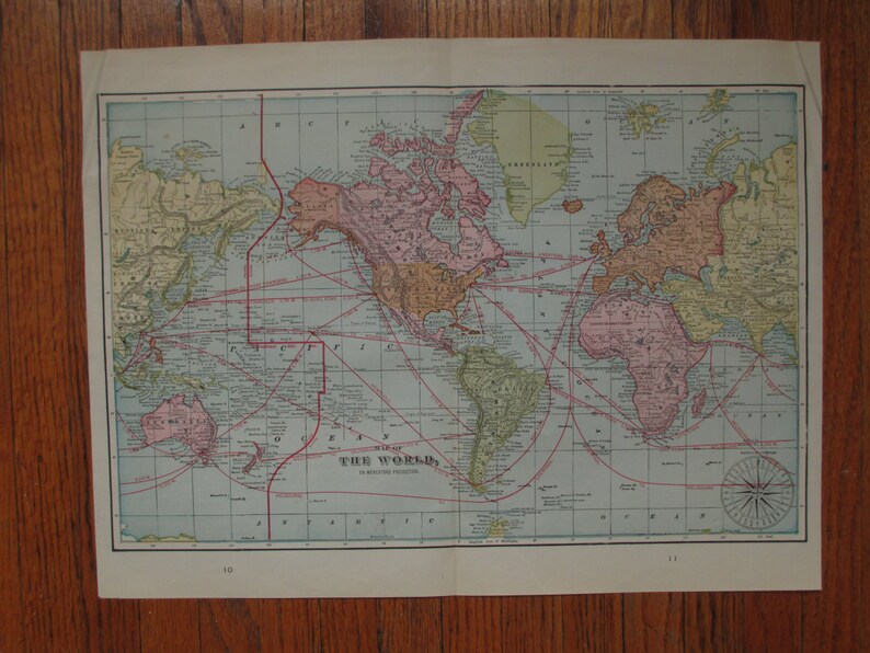 Vintage Original 1899 Cram's Map of the World- Multicolored Map Color ...
