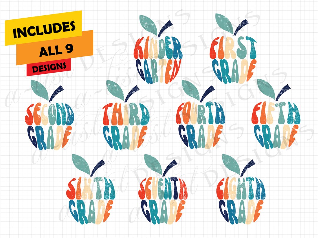 Kindergarten Through Eighth Grade Apple Png Bundle, Elementary Back to ...