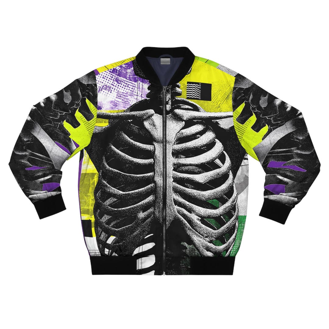 Skeleton Print Men's Bomber Jacket: Streetwear Fashion, Polyester ...
