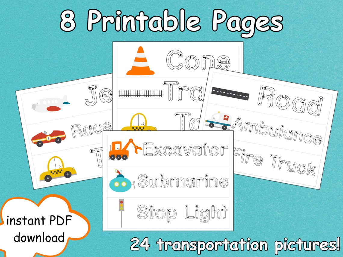 Printable Handwriting Practice Worksheet With Transportation Pictures ...