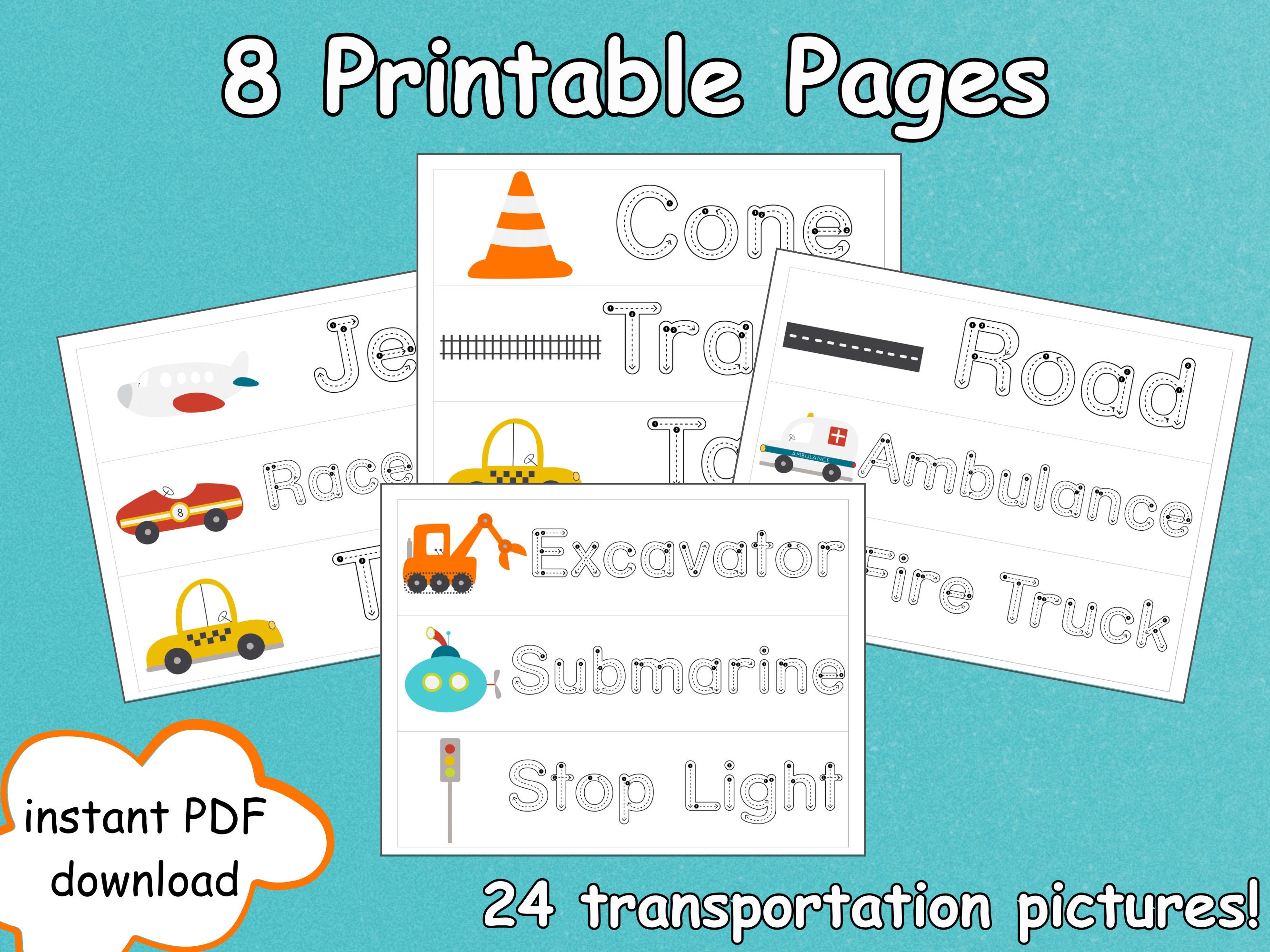 Printable Handwriting Practice Worksheet With Transportation Pictures ...