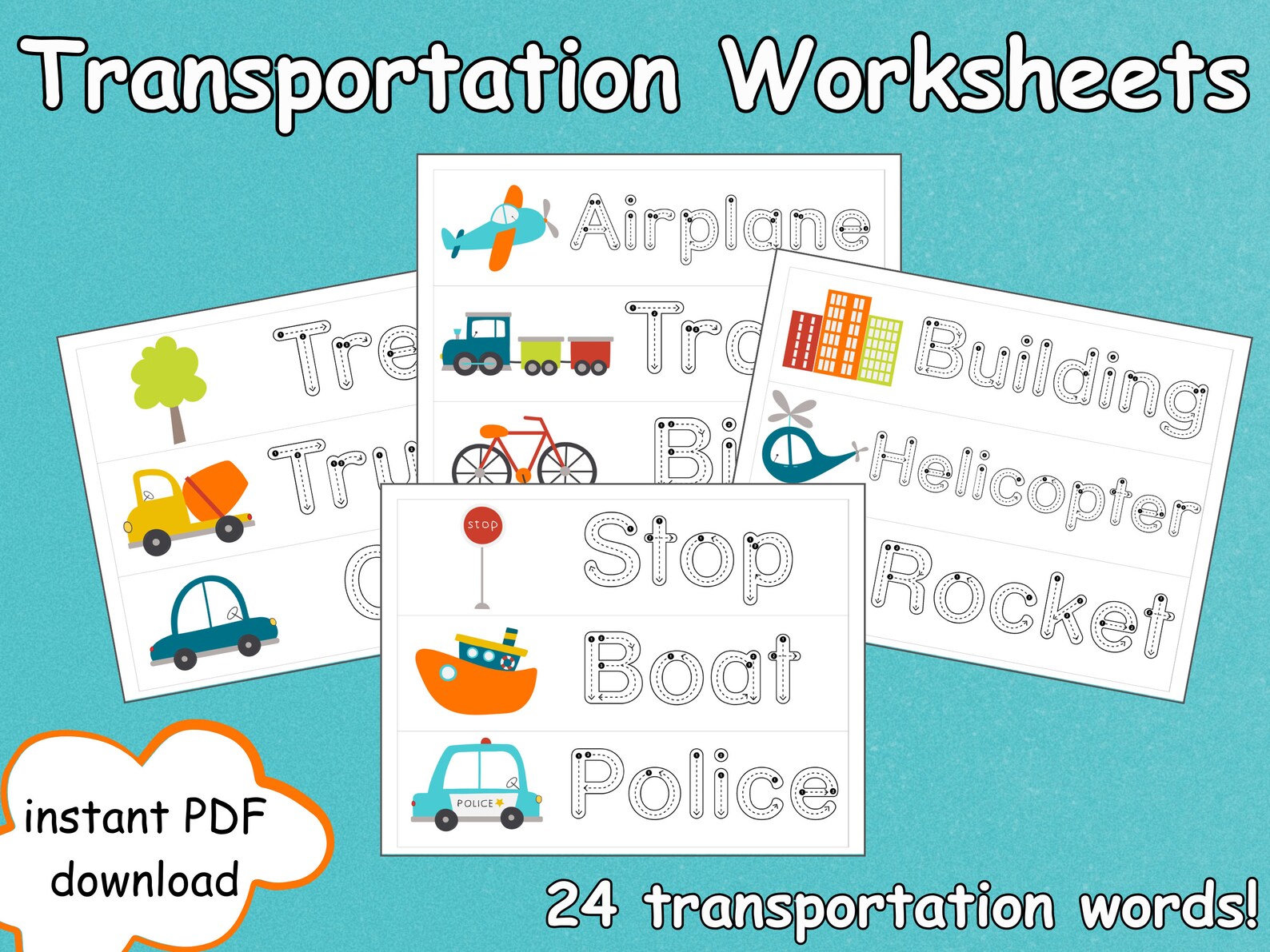 Printable Handwriting Practice Worksheet With Transportation Pictures ...
