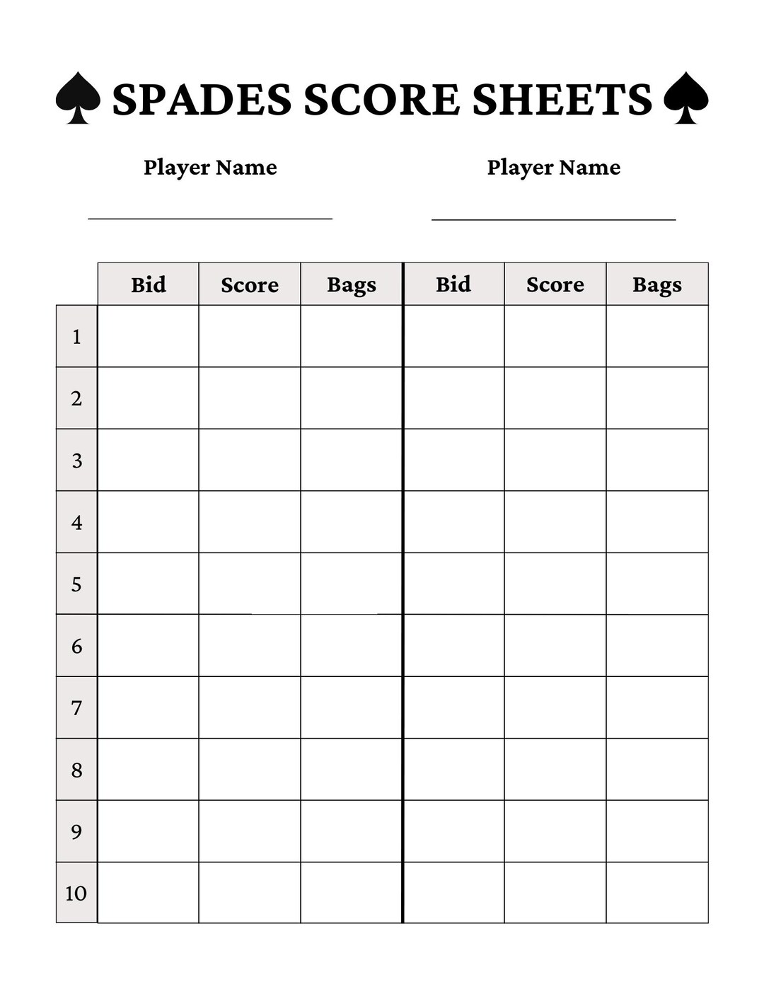 Spades Score Sheet | Printable PDF | Card Game Scorecard | Digital ...