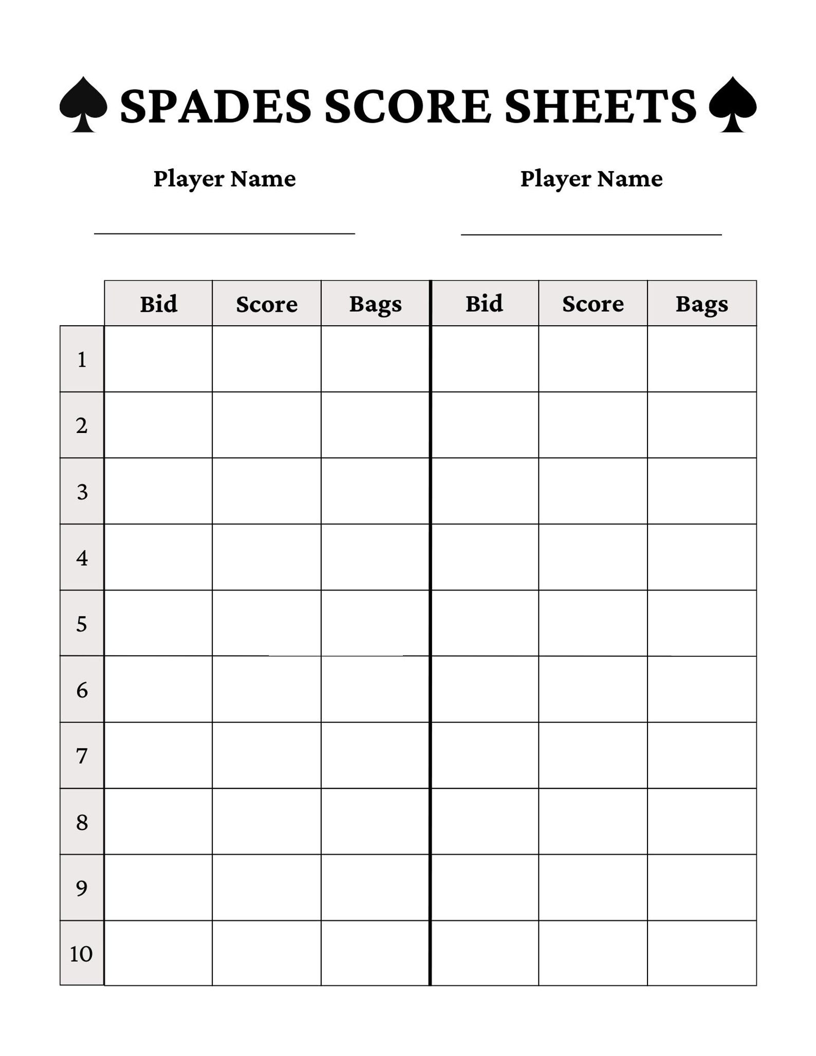Spades Score Sheet | Printable PDF | Card Game Scorecard | Digital ...