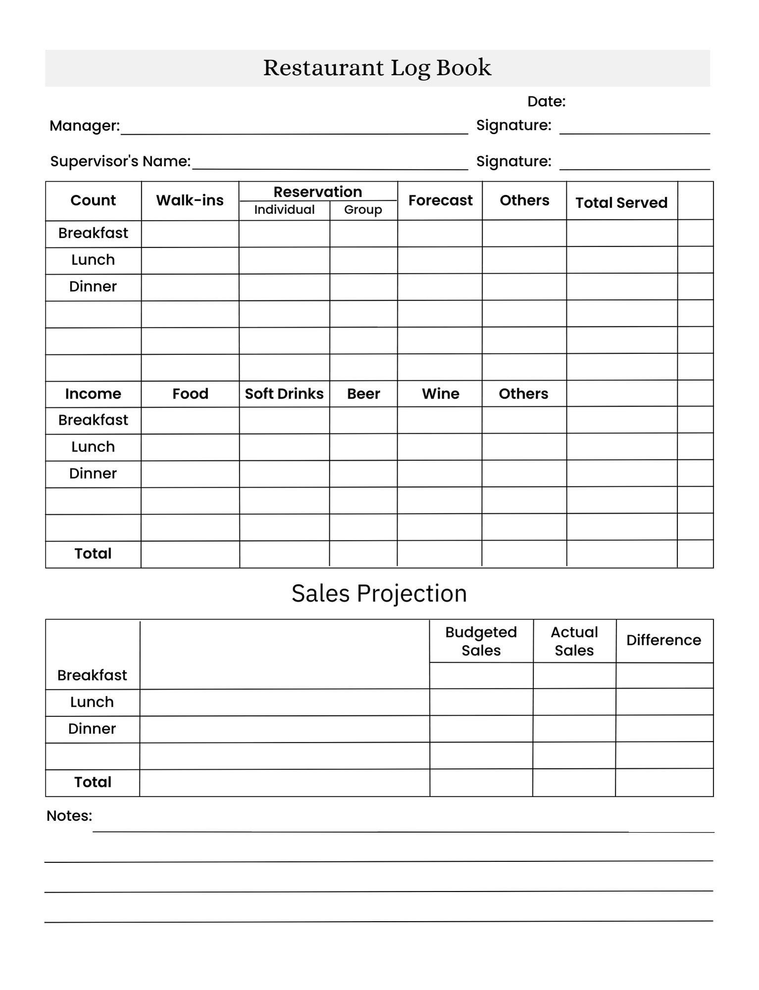 Restaurant Log Book | Manager Daily Report | Sales Tracker | PDF ...