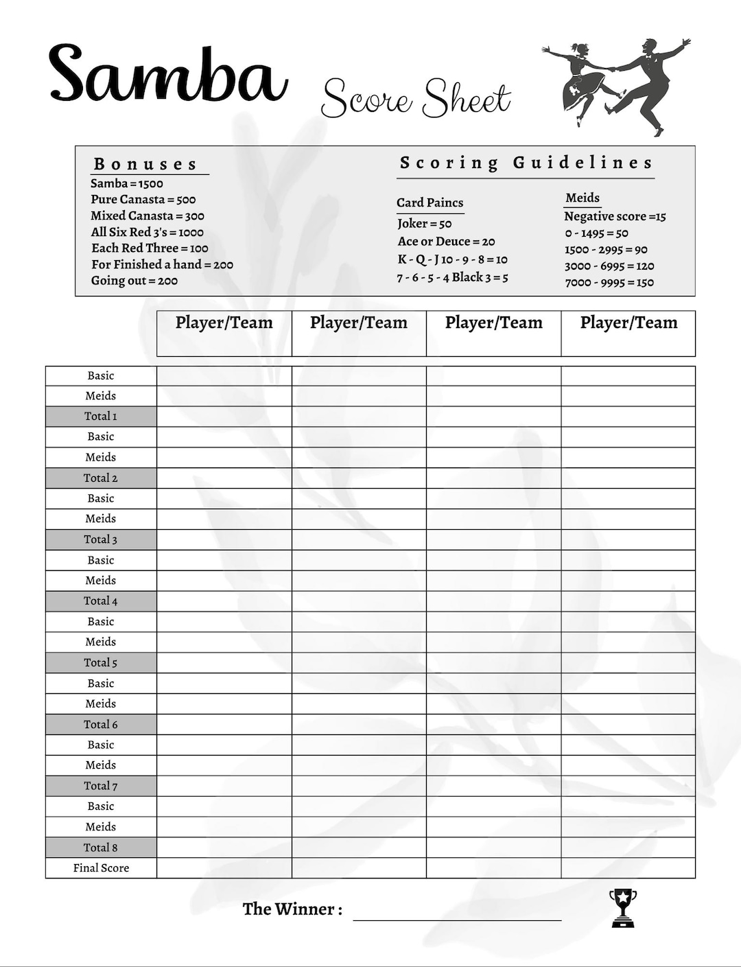 Samba Score Sheet | Canasta Card Game | Printable PDF | Game Scorecard ...