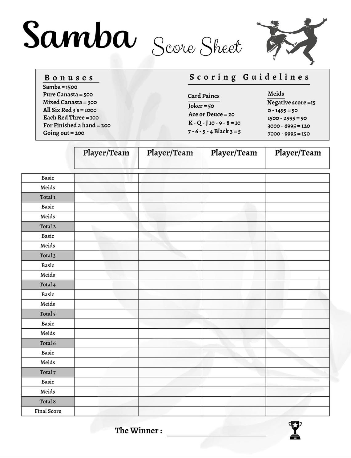 Samba Score Sheet | Canasta Card Game | Printable PDF | Game Scorecard | Digital Download - Etsy