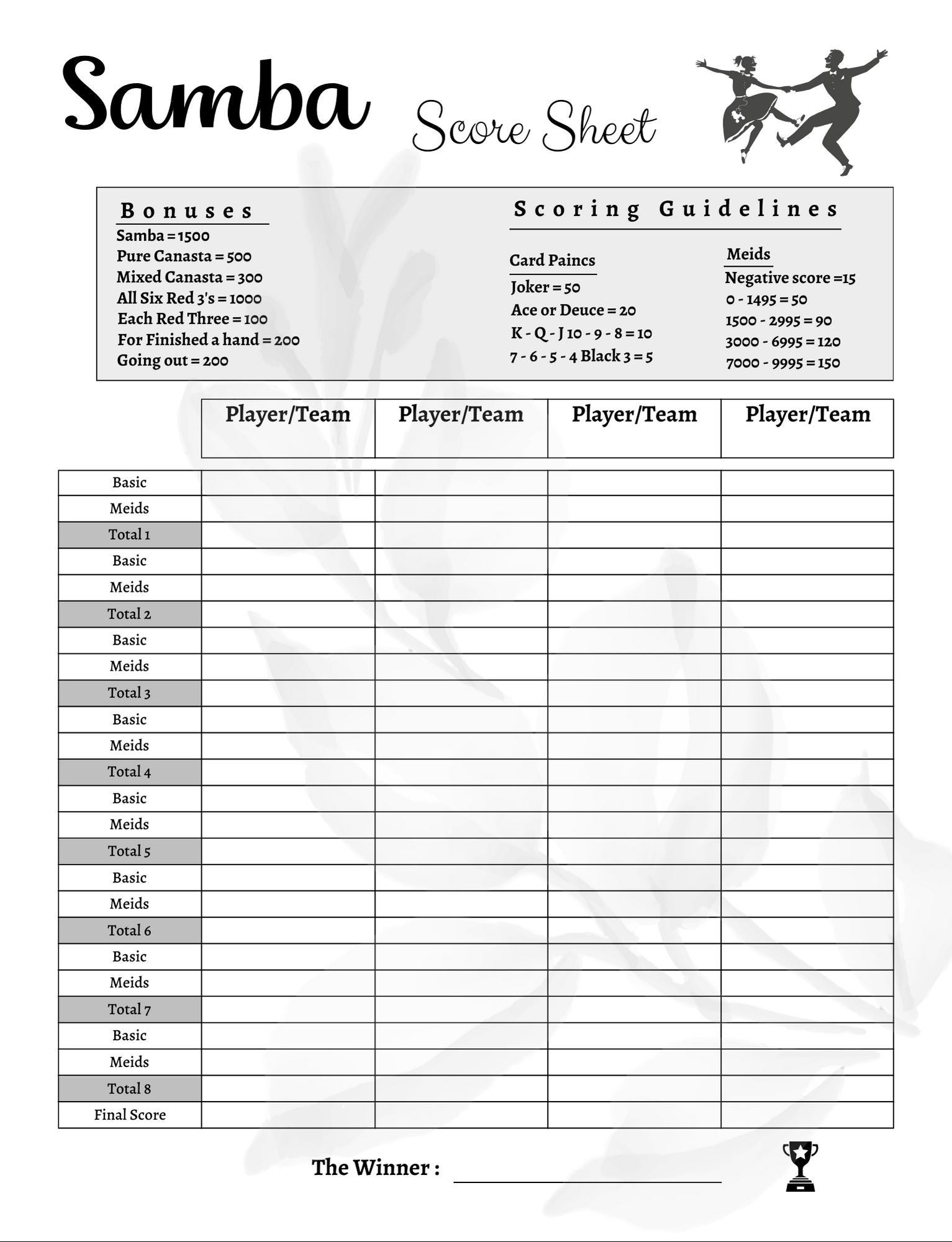 Samba Score Sheet | Canasta Card Game | Printable PDF | Game Scorecard ...