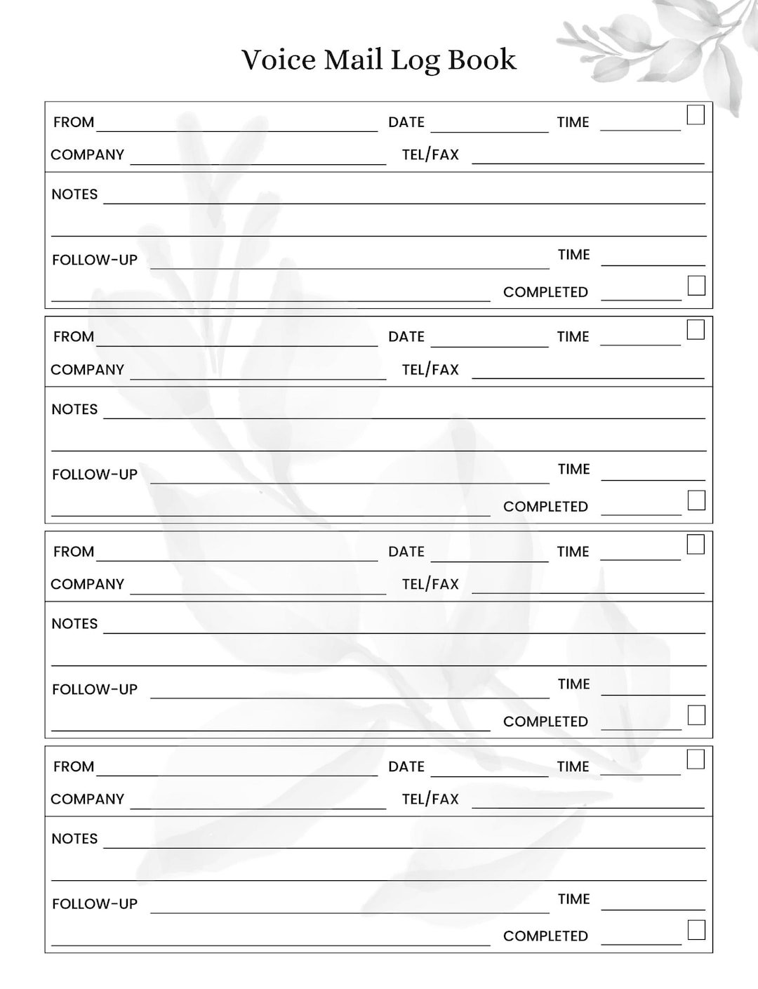 Digital Voice Mail Log Book | Printable Phone Message Tracker Office ...