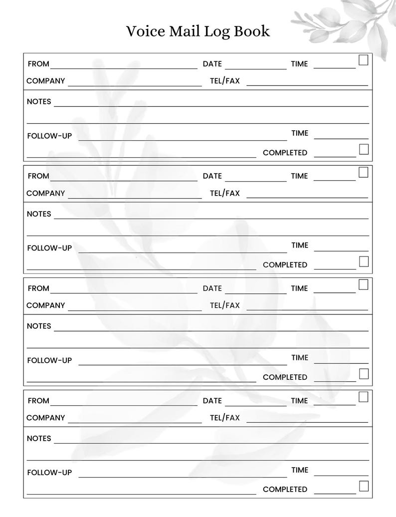 Digital Voice Mail Log Book | Printable Phone Message Tracker Office ...