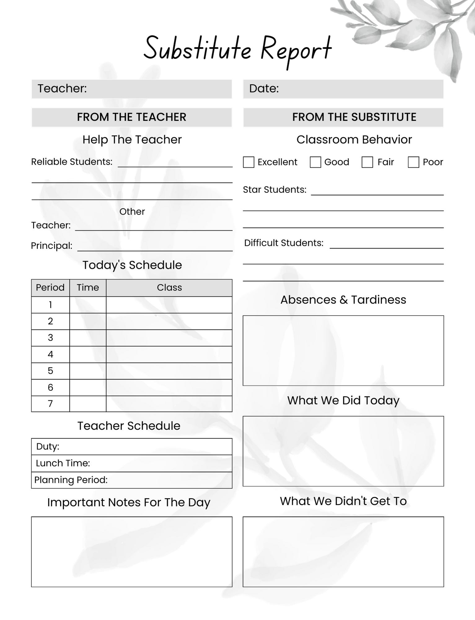 Substitute Teacher Report Notebook | Printable PDF | Classroom ...
