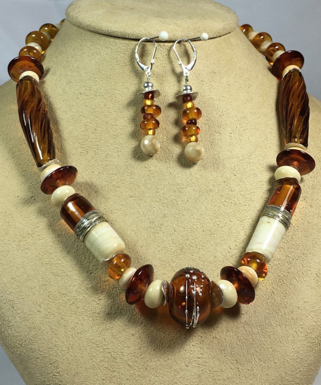 20" Necklace With Amber Colored Glass Beads & Glass Bone Colored ...