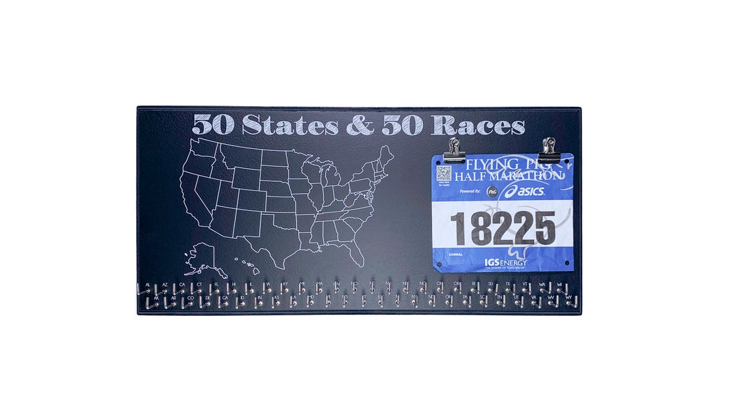 Run 50 STATES Chalkboard Paint MEDAL HOLDER Hooks and Race Bib Display ...