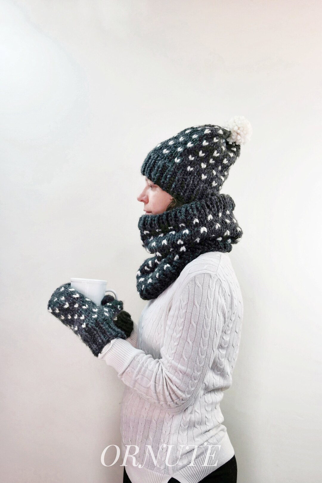 Wool Mitten Hat and Scarf Set Women Fair Isle Knit Heart Handmade Gift ...