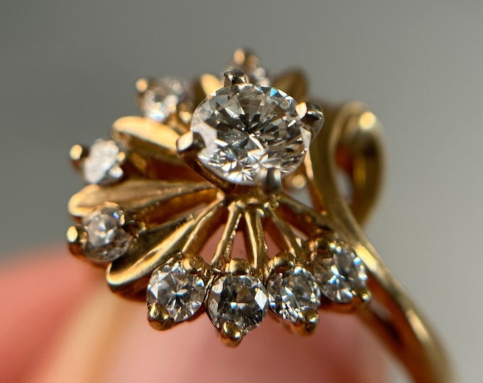 Vintage 14KT Gold Diamond Spray Top Ring, Flower Diamond Ring, Nine ...