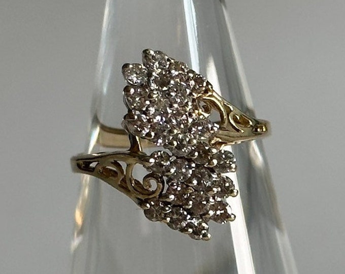 Vintage 14K Gold Waterfall Style Diamond Cluster Ring, Intricate Gold ...