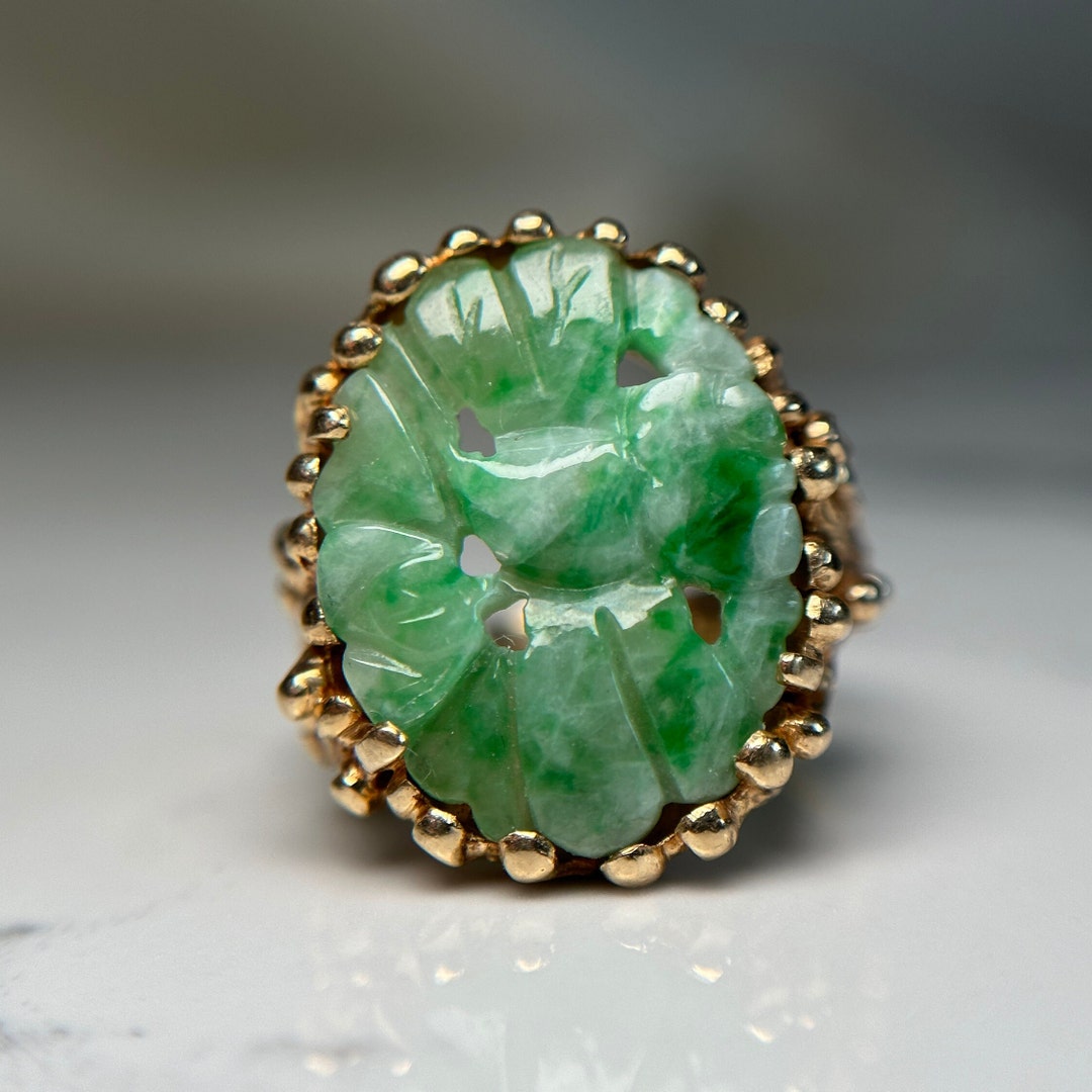 Hand Carved 14KT Gold Jadeite Jade Ring, Jade Statement Ring With Tree ...