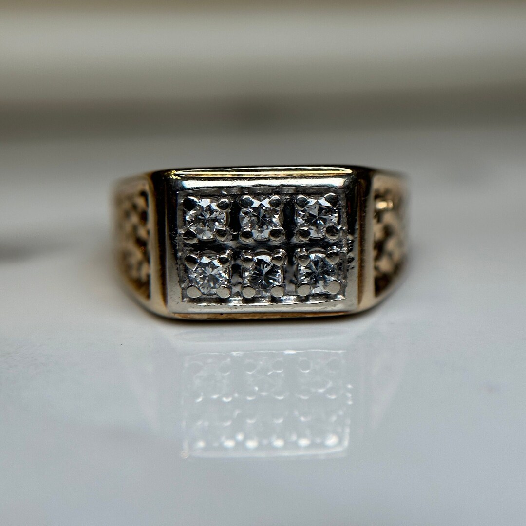 Estate 14KT Gold Diamond Signet Ring, Six Stone Diamond Ring, Mens ...
