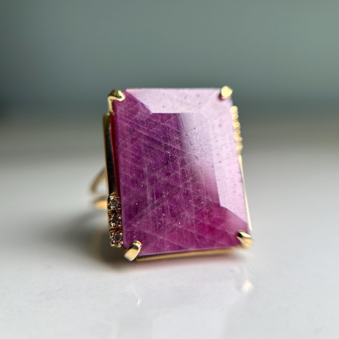 Purple Ruby Rectangle Flat Stone Ring, 18KT Yellow Gold Ruby and ...