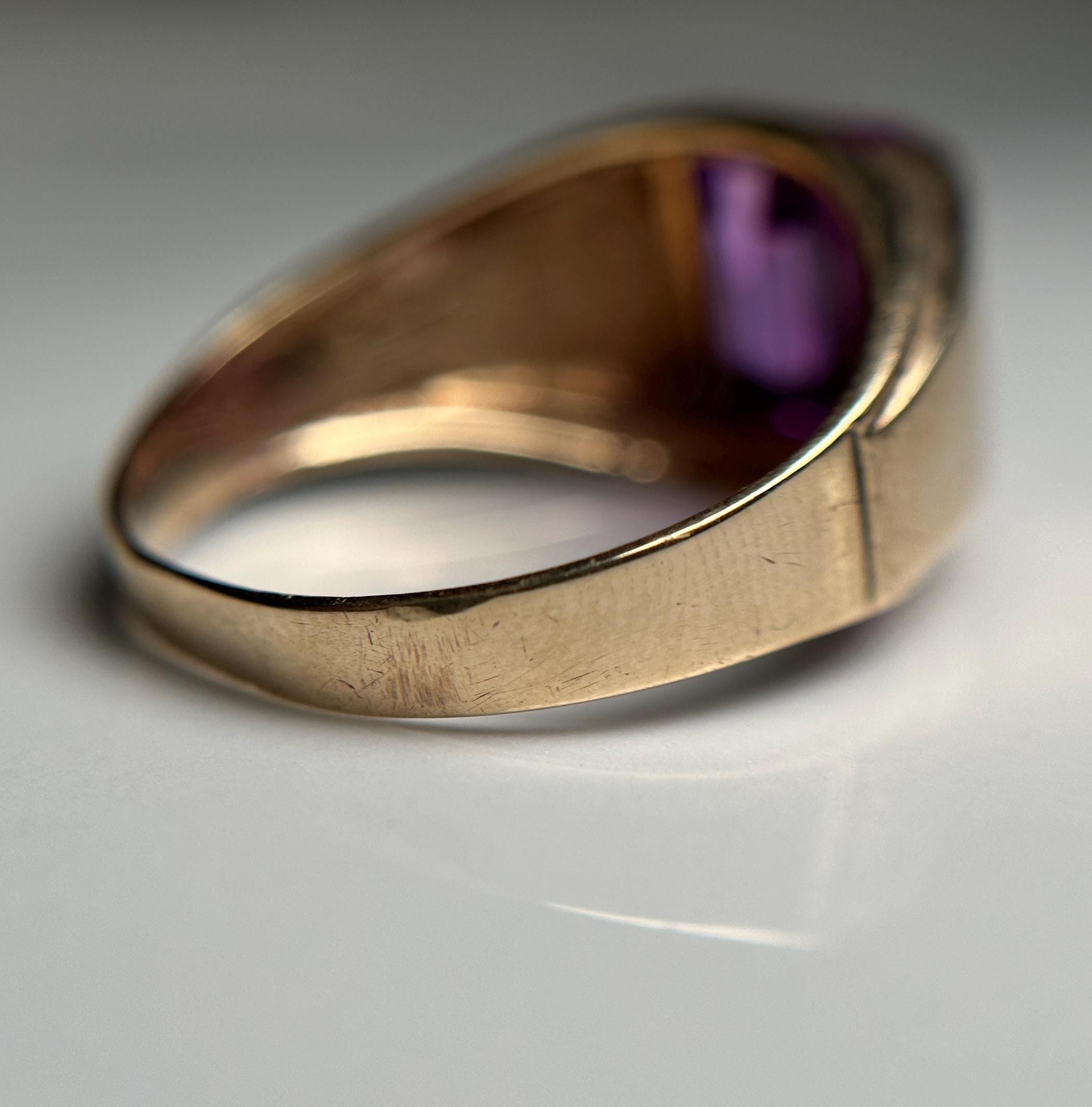 Estate 10K Gold Purple Signet Ring, Rectangle Baguette Cut Purple Stone ...