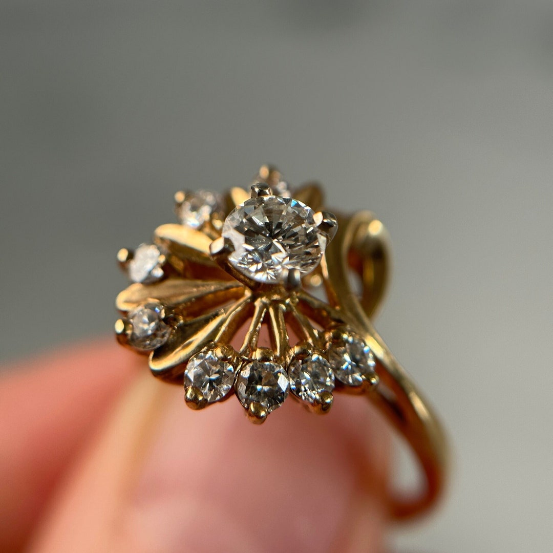 Vintage 14KT Gold Diamond Spray Top Ring, Flower Diamond Ring, Nine ...