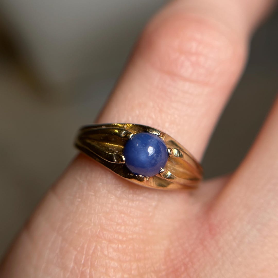 Pinky Ring Synthetic Blue Star Sapphire 10KT Yellow Gold, Round ...