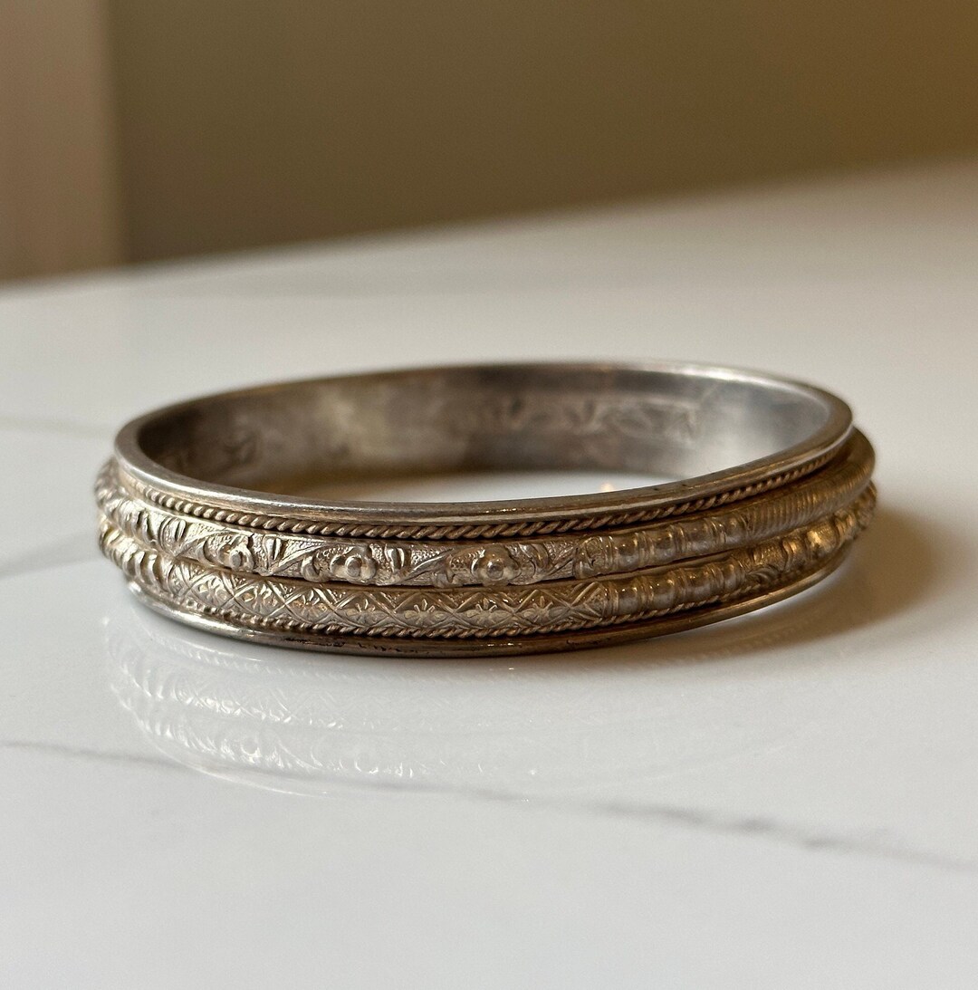 Antique Asian Silver Bangle, Decorative Solid Silver Heavy Bangle ...