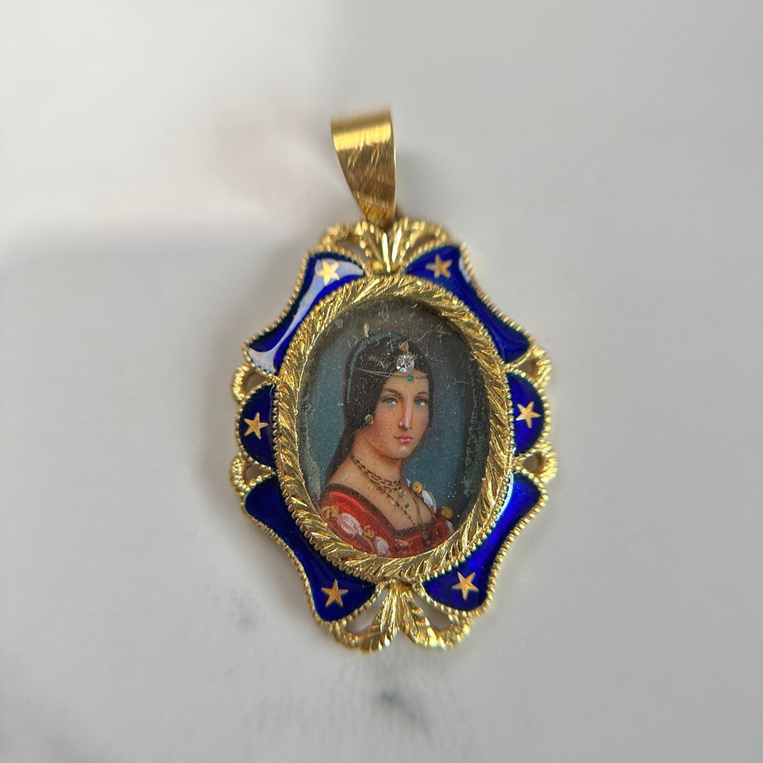 Antique 18K Gold Picture Frame Pendant With Portrait and Diamond, Hand ...